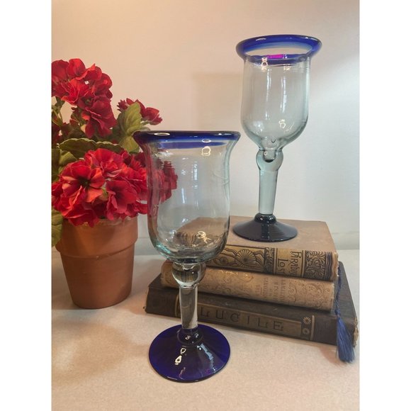 Unmarked | Dining | Mexican Folk Art Hand Blown Glass Wine Goblets Blue ...